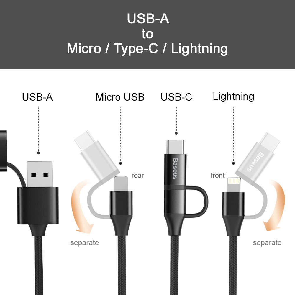 Baseus iPhone / iPad / Android / Micro USB Type-C Cable (Black)